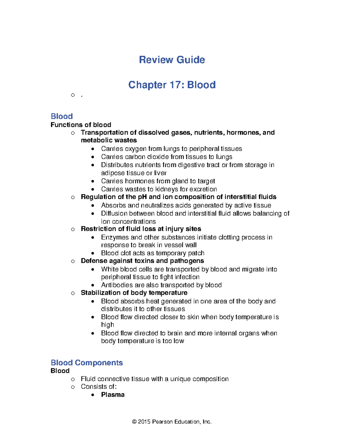 Review concepts for Ch 17 - Blood - Review Guide Chapter 17 : Blood o ...