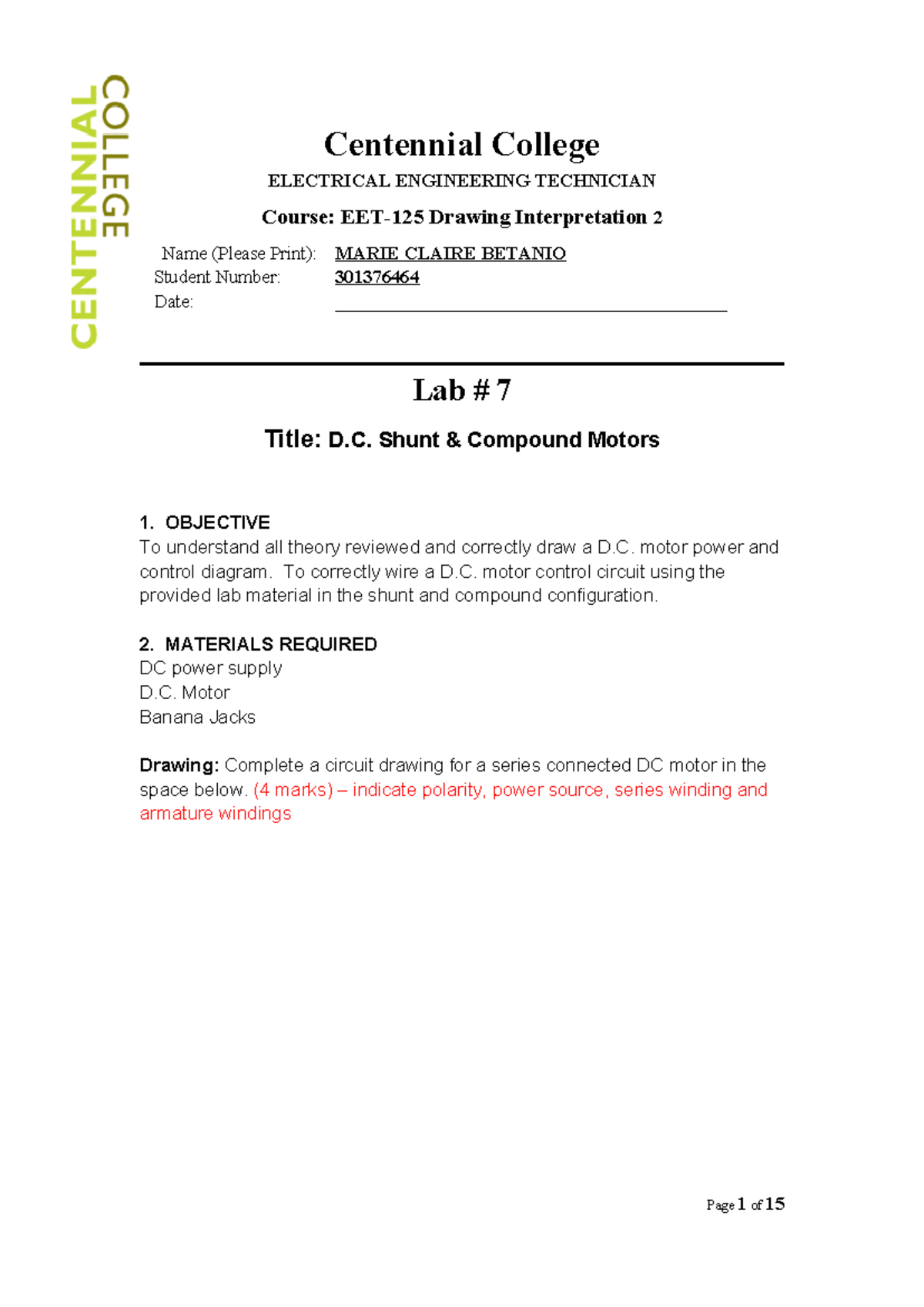 Lab 7 DC Shunt & Compound Motor Lab - Centennial College ELECTRICAL ...