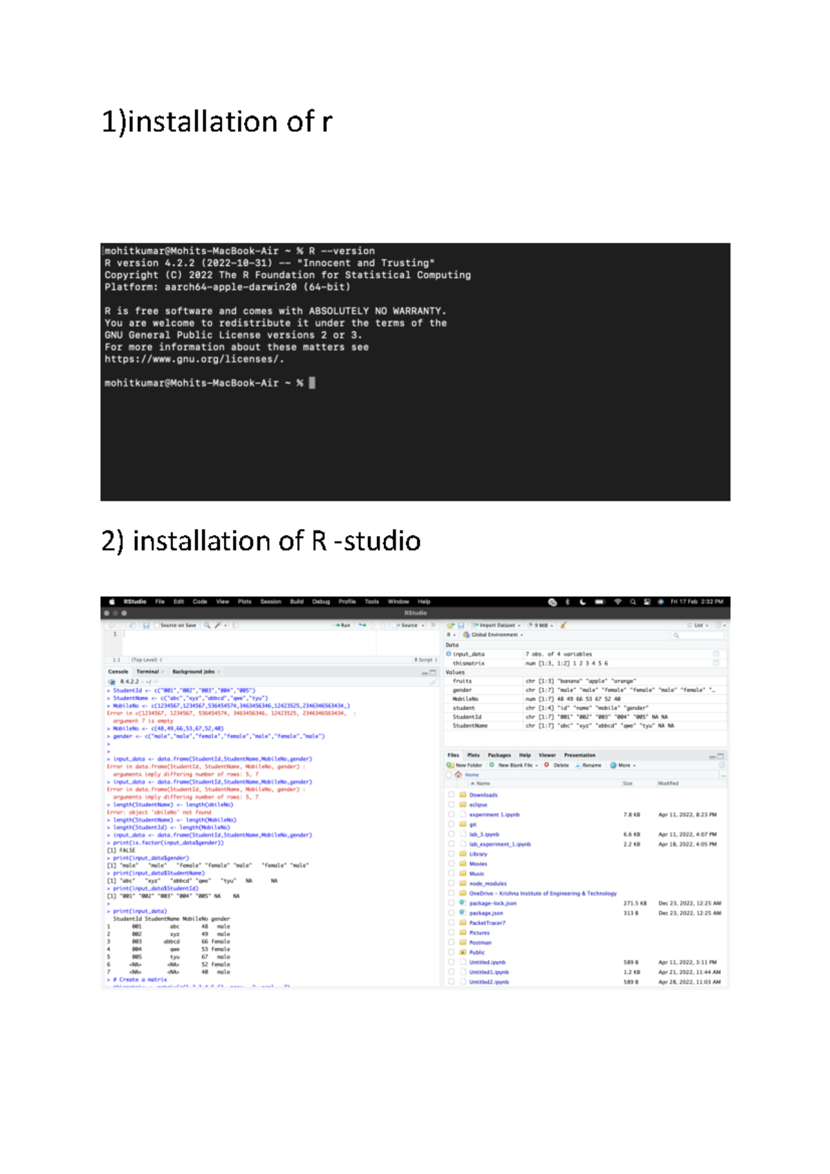 Experiment 1 - Bachelor in Science - 1)installation of r 2 ...