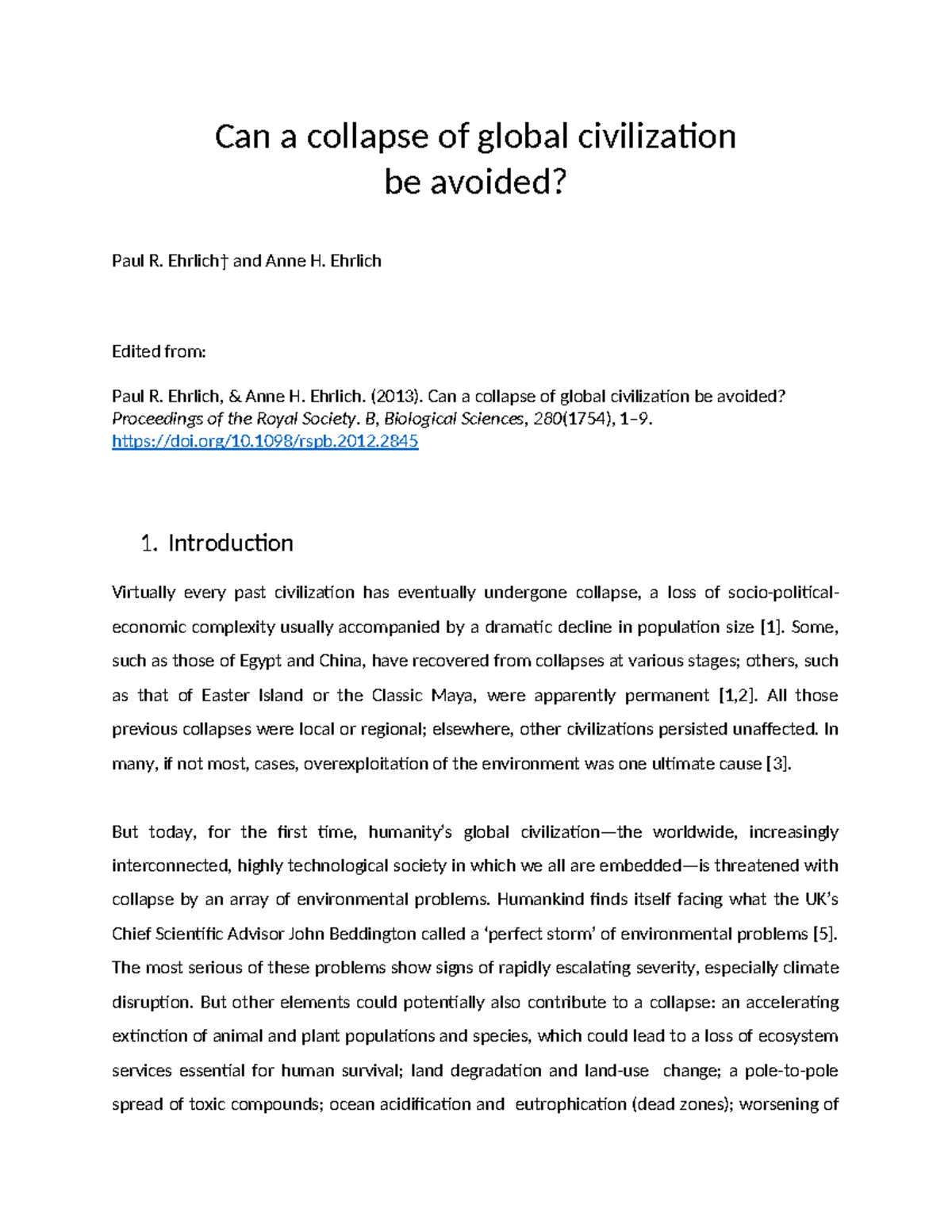 Can a collapse of global civilization be avoided final edit - Can a ...