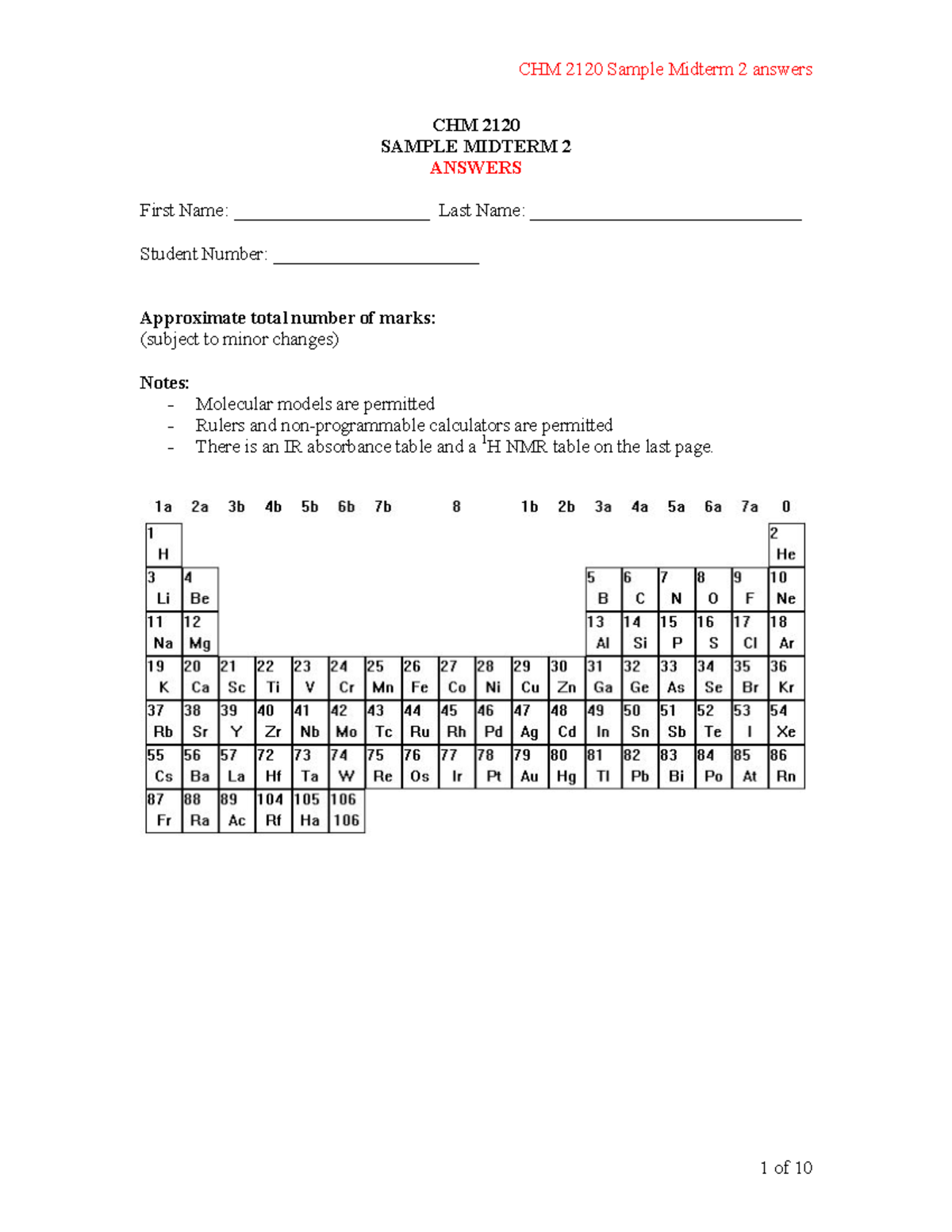 CHM 2120 Sample Midterm 2 2013 Answers - CHM 2120 SAMPLE MIDTERM 2 ...