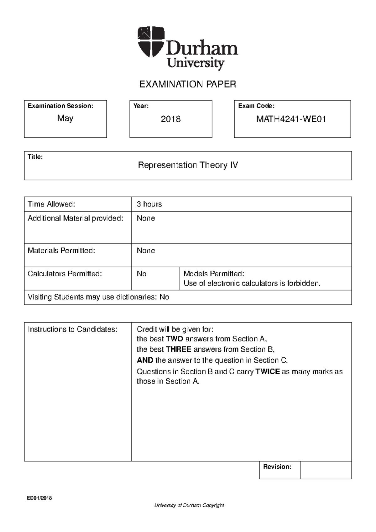 Representation Theory 2018 Exam - Revision: Instructions to Candidates ...