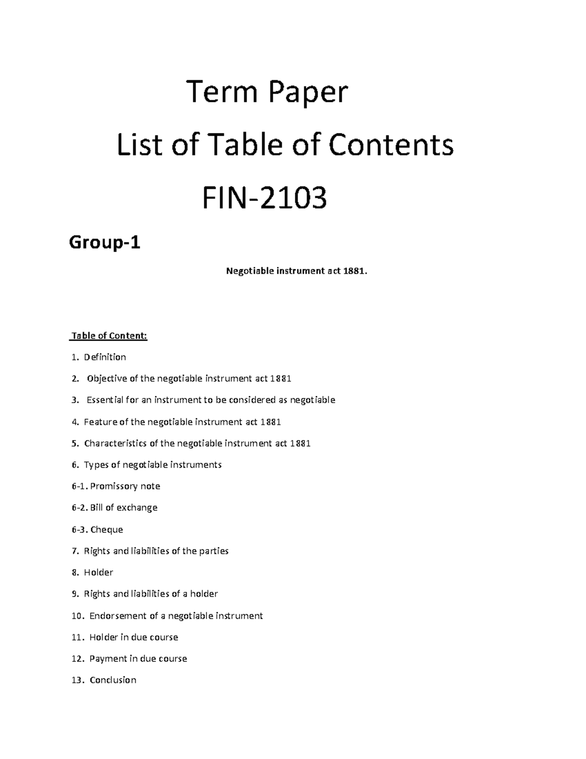 Term Paper pdf - Table of content - Term Paper List of Table of ...