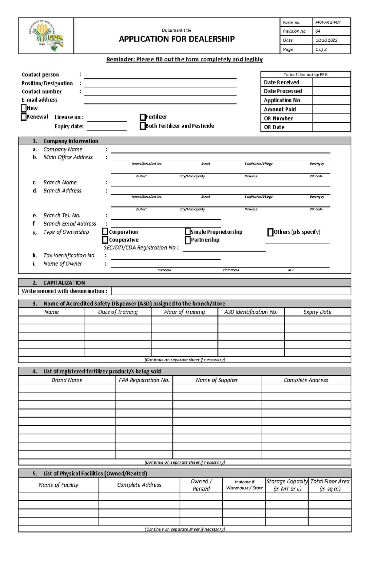 FPA-FRD-F07 Application for Dealership - Document title APPLICATION FOR ...