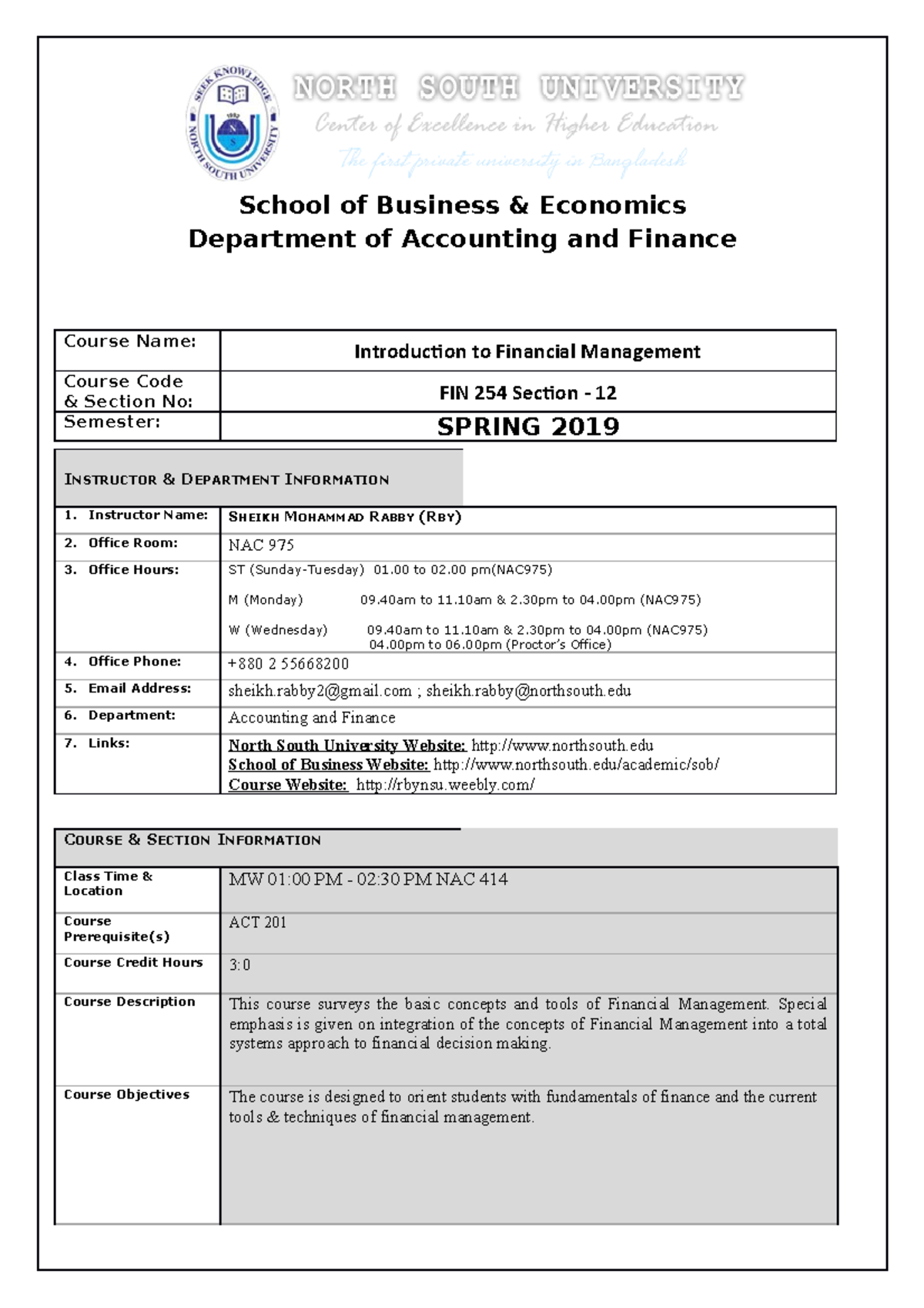 Fin254 course outline spring 19 - School of Business & Economics ...