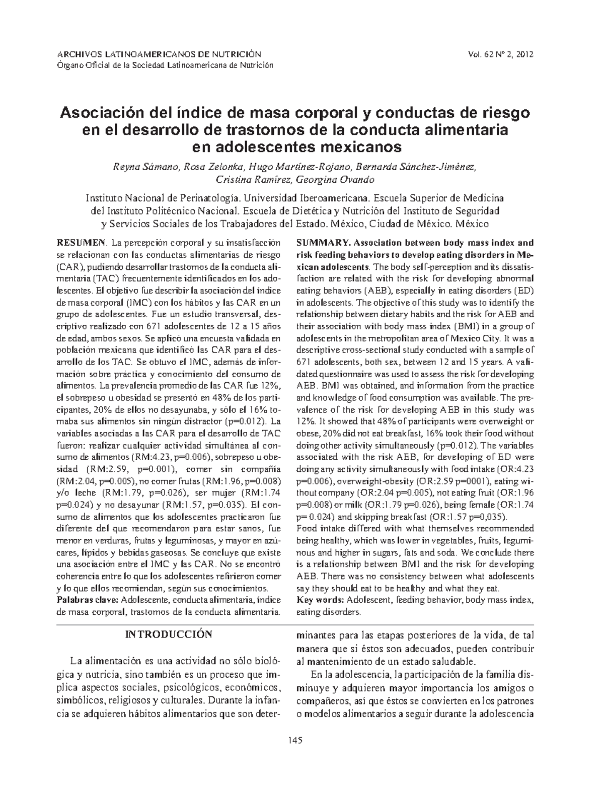 Relación IMC - TCA en adolescentes mexicanos - 145 Asociación del ...