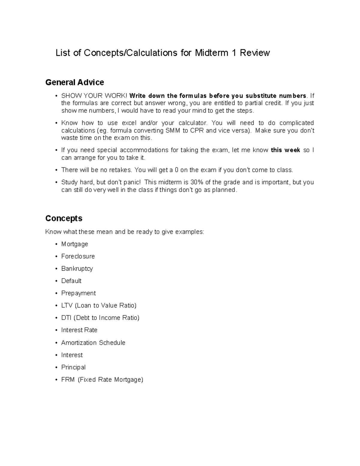 Exam 1 List of Concepts - Practice Questions - List of Concepts ...