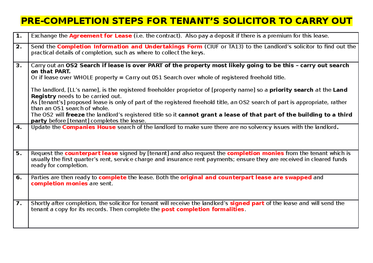 Lease Pre AND Post-Completion Steps For Property - PRE-COMPLETION STEPS ...