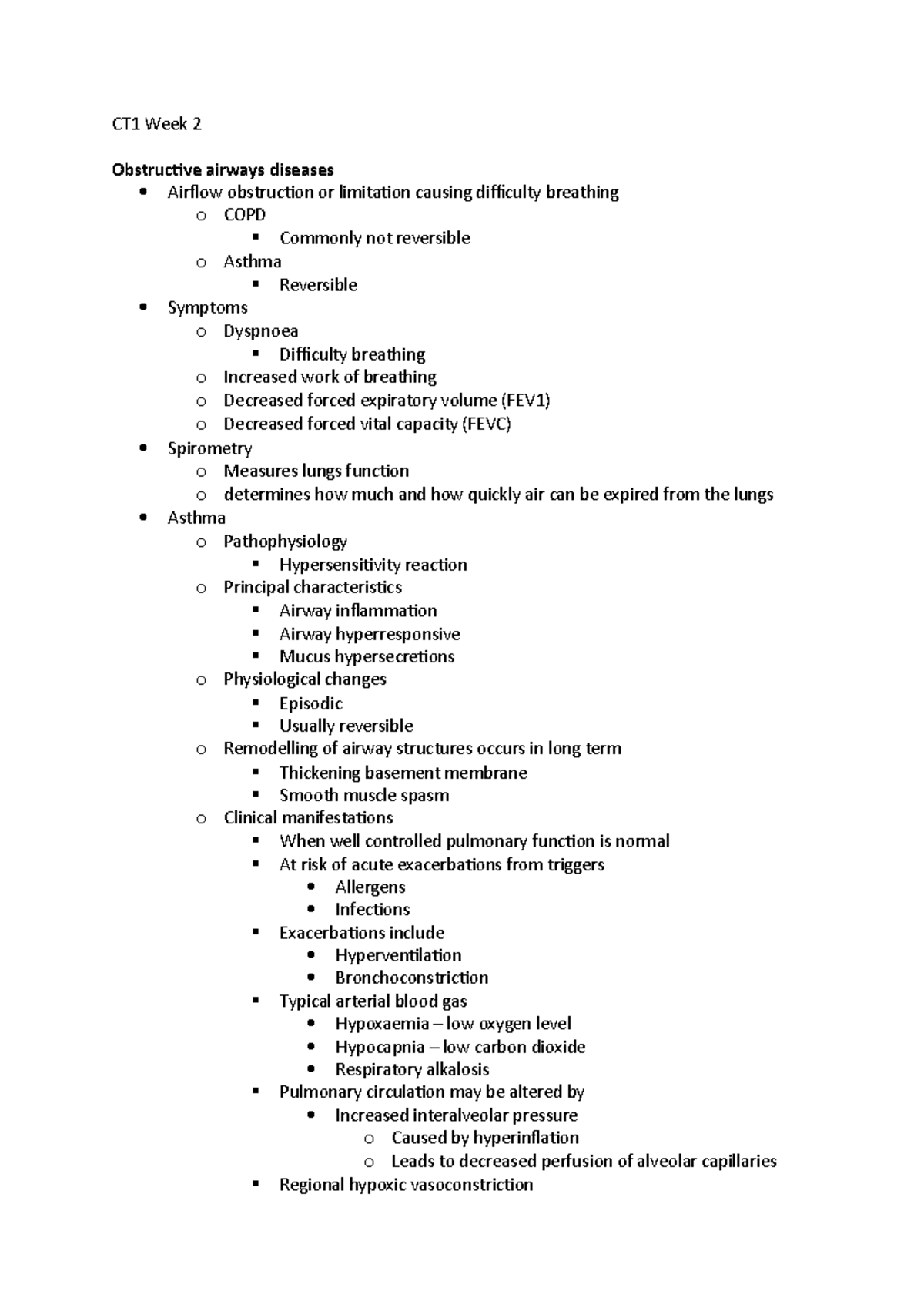 CT 1 Week 2 - CT1 week 2 lecture notes - CT1 Week 2 Obstructive airways ...