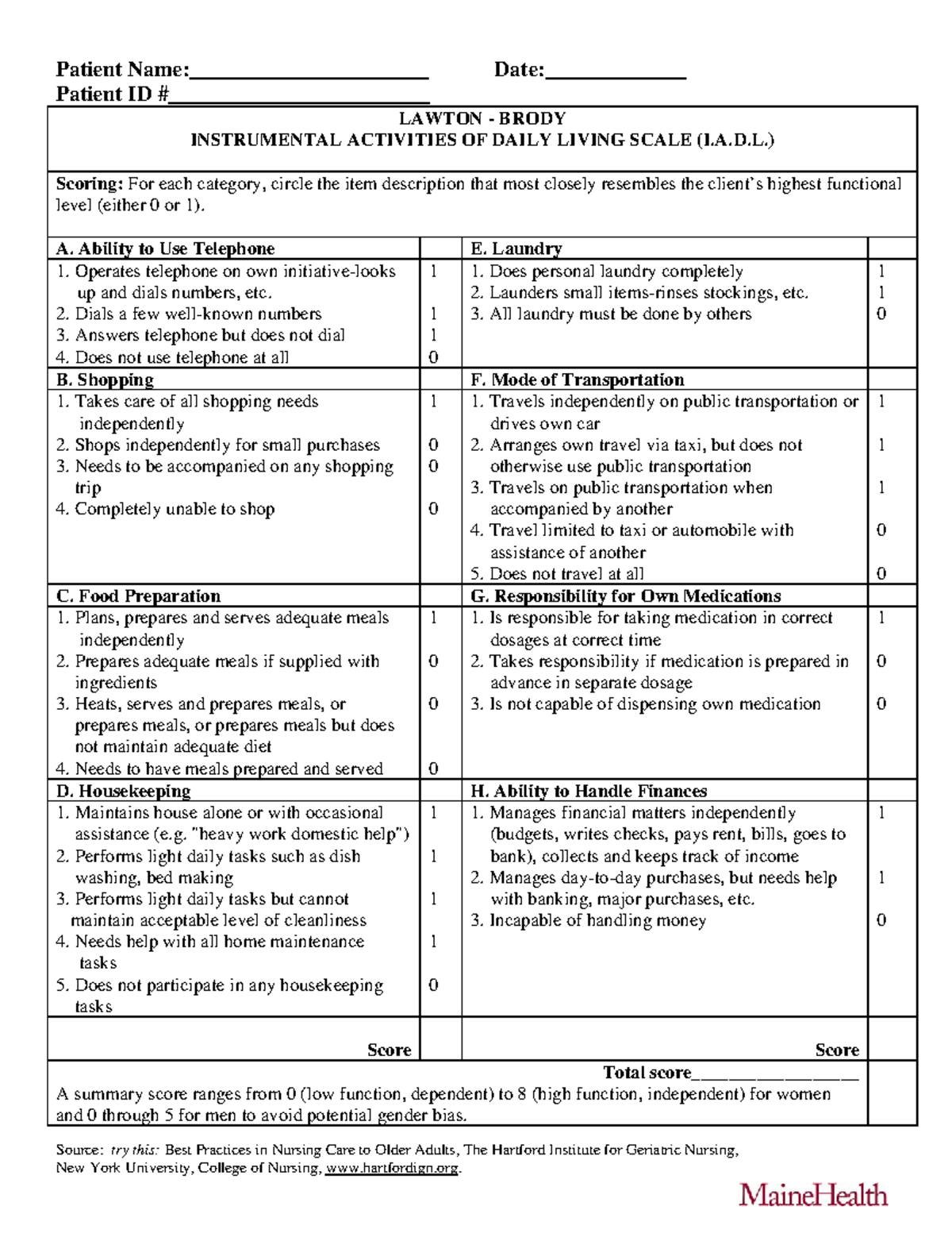 Lawton brody activities daily living scale - Patient Name ...