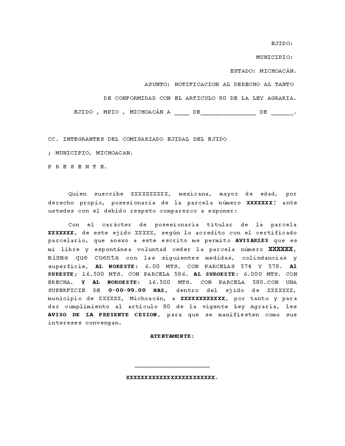 Notificacion DE Derecho AL Tanto 2 - EJIDO: MUNICIPIO: ESTADO ...