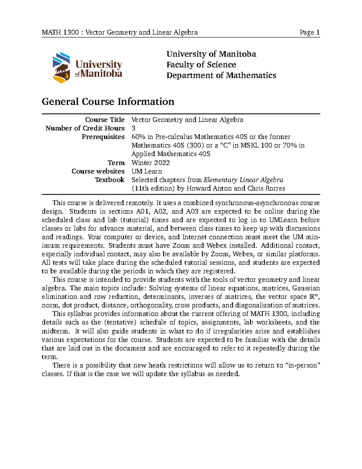 Math 1300 Course Syllabus - University of Manitoba Faculty of Science ...