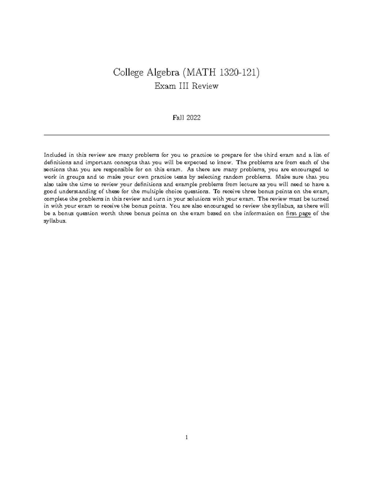 Math 1301 EXAM Study Guide - College Algebra (MATH 1320-121) Exam III ...