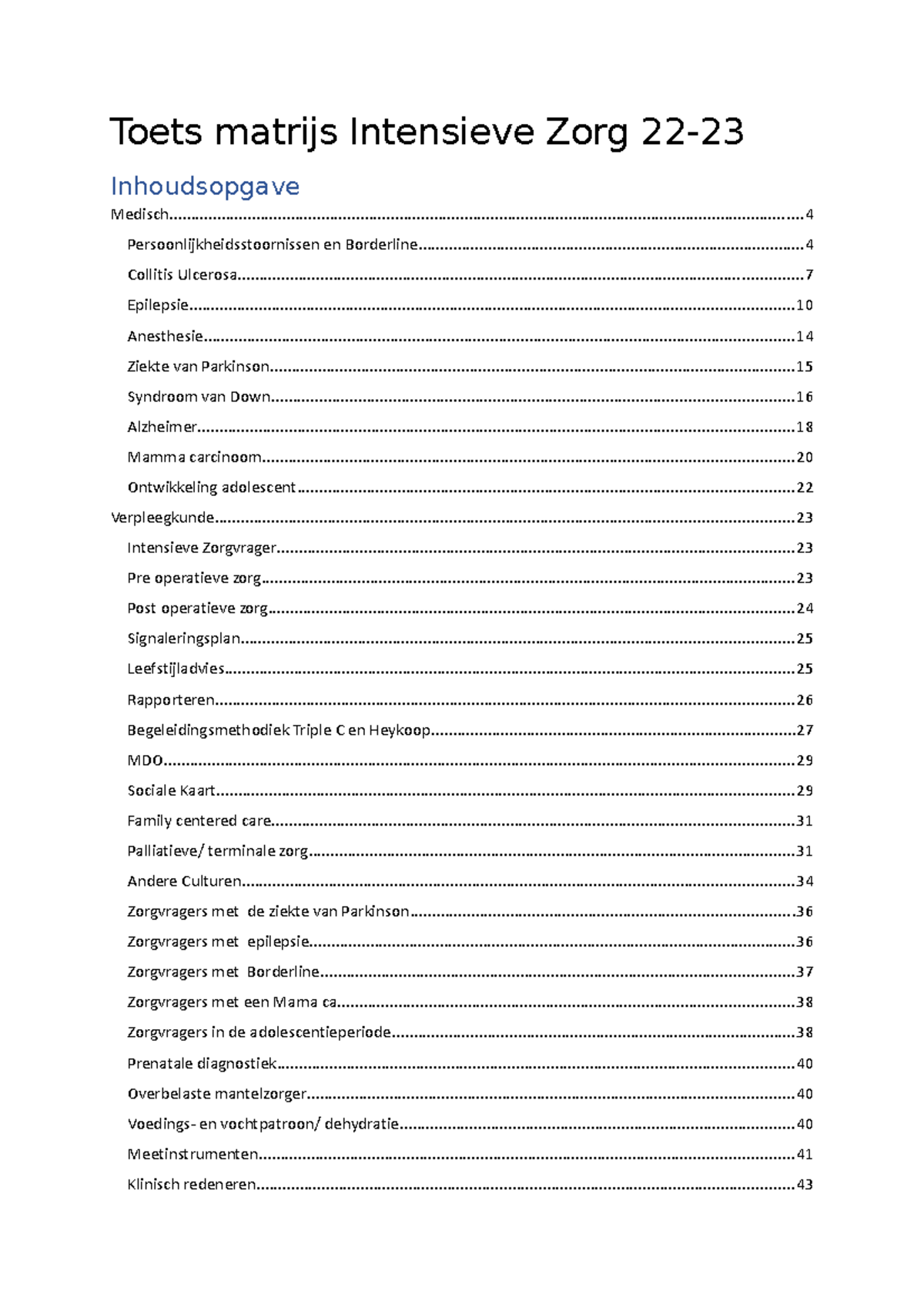 Toets matrijs Intensieve Zorg - Inhoudsopgave Toets matrijs Intensieve ...