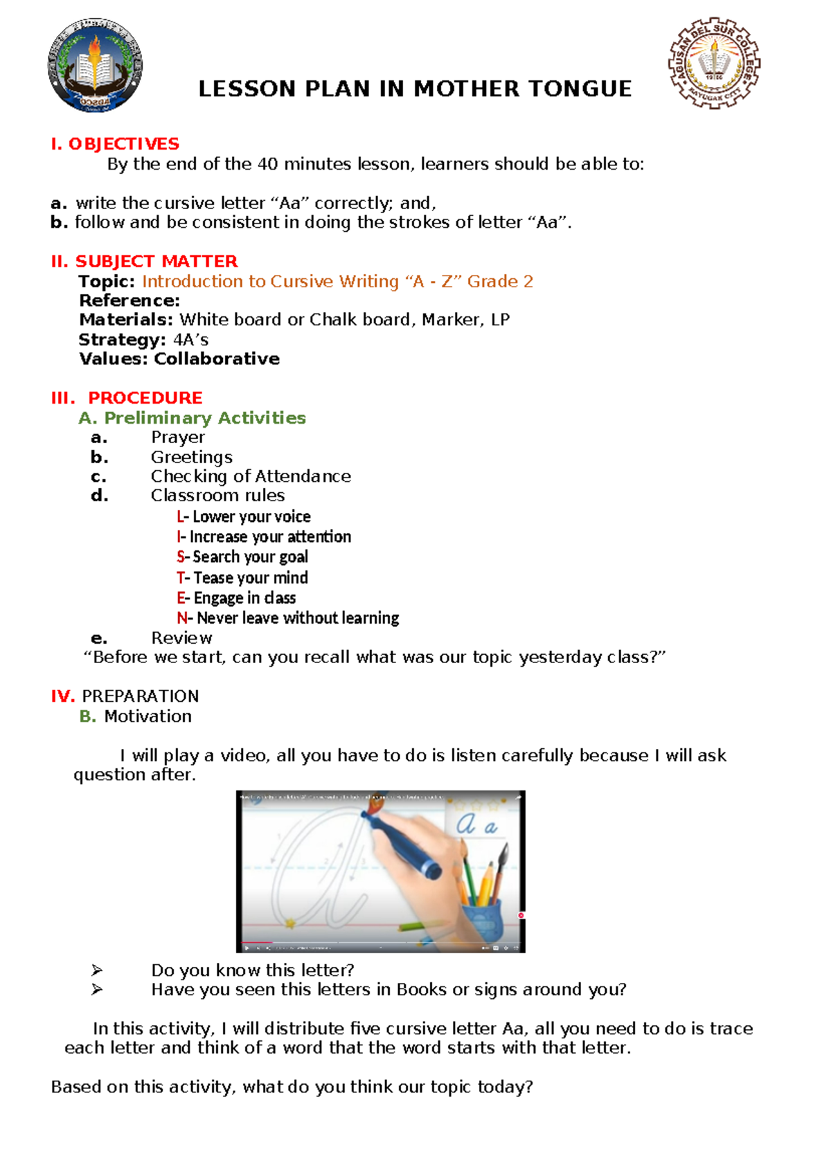 Lesson PLAN IN Mother Tongue - LESSON PLAN IN MOTHER TONGUE I ...