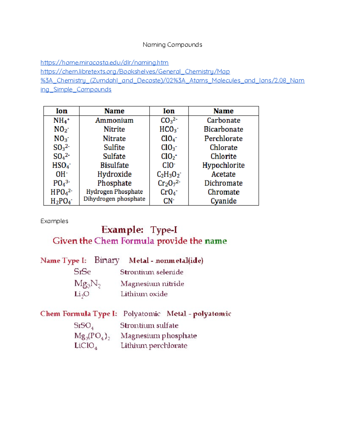 CHEM WS #3 - worksheet - Naming Compounds Chemistry (Zumdahl and Atoms ...