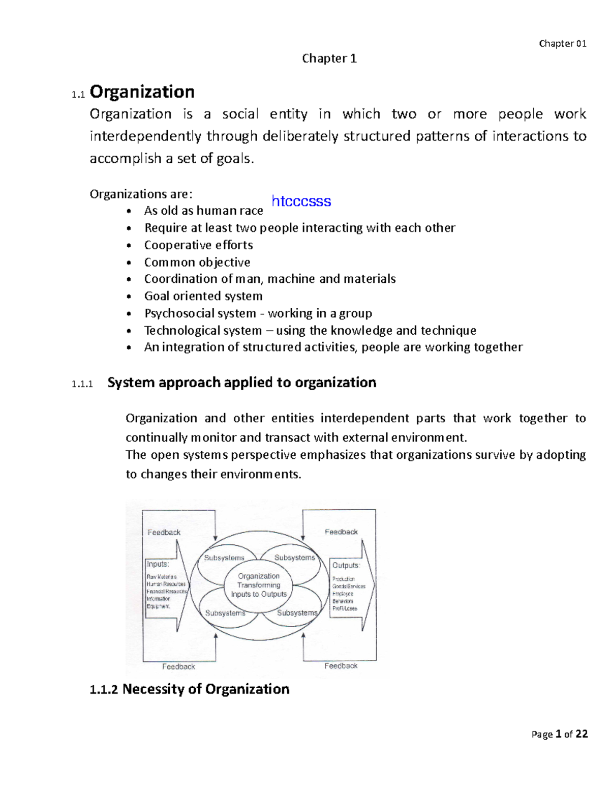 Organization and Management Lecture Notes - Chapter 1 1 Organization ...