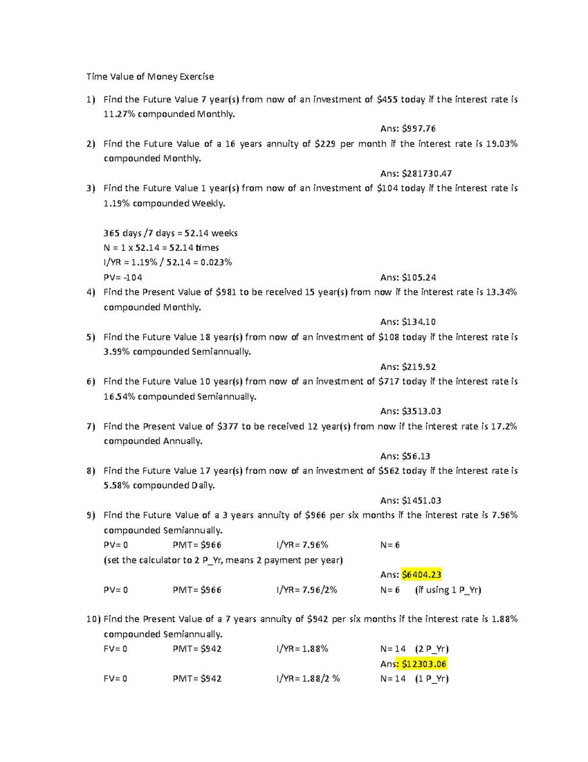 Time value money - Time Value of Money Exercise 1) Find the Future ...