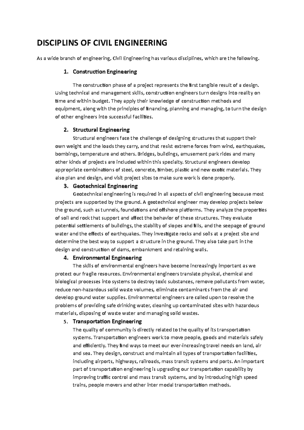 Disciplins OF Civil Engineering - DISCIPLINS OF CIVIL ENGINEERING As a ...