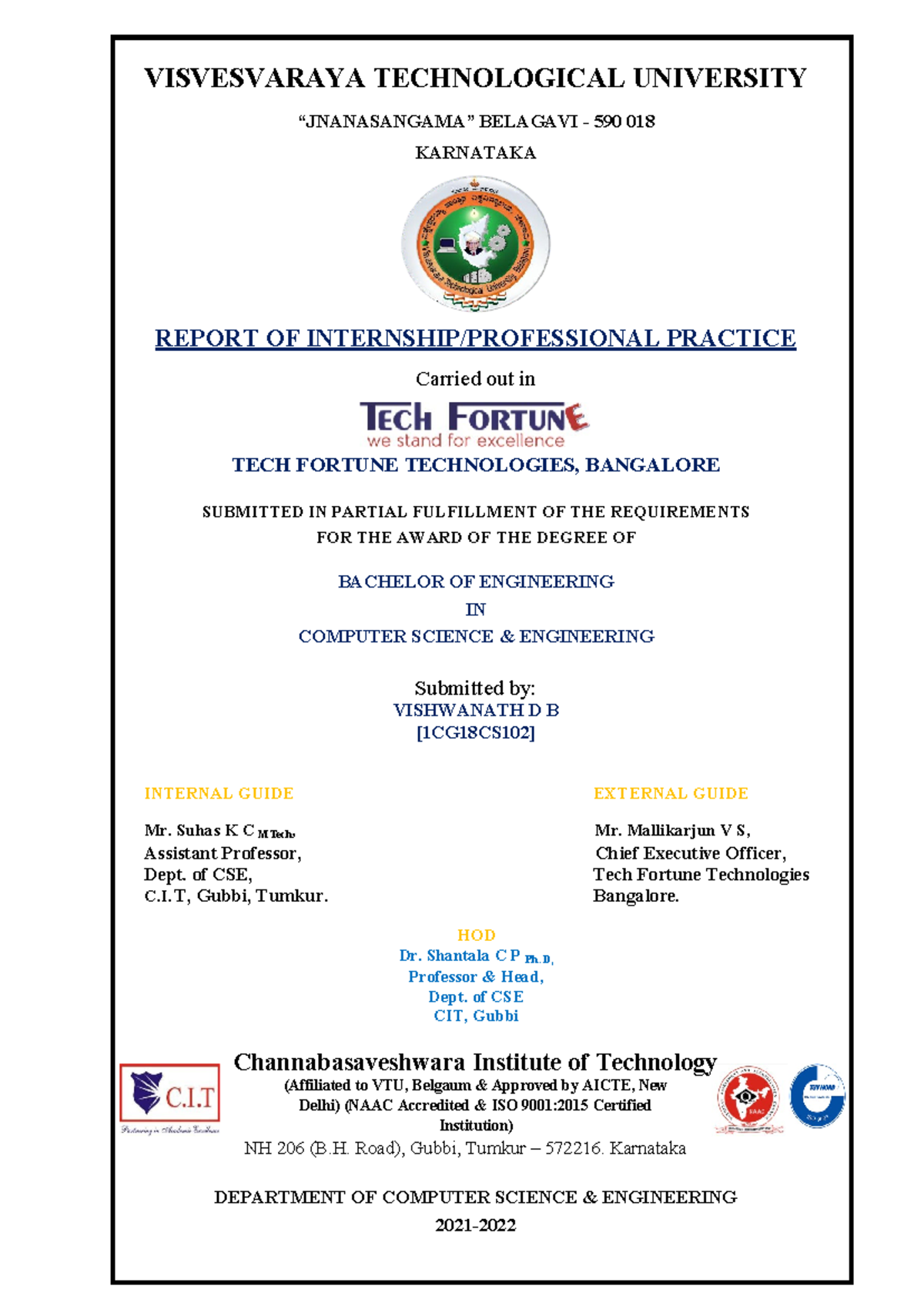 Internship Main Report - VISVESVARAYA TECHNOLOGICAL UNIVERSITY “JNANASANGAMA” BELAGAVI - 590 018 ...