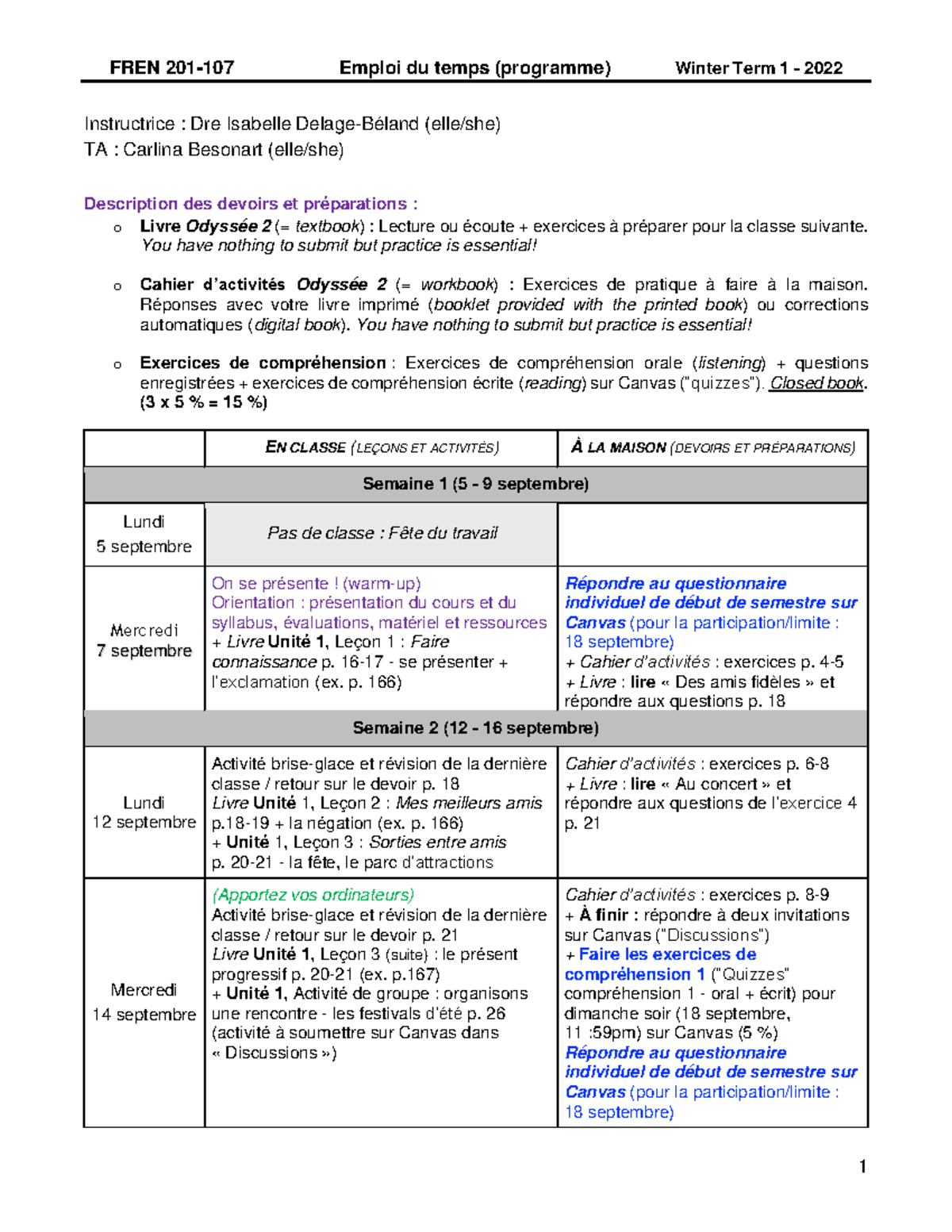 FREN 201 107 Emploi du temps - FREN 201-107 Emploi du temps (programme ...
