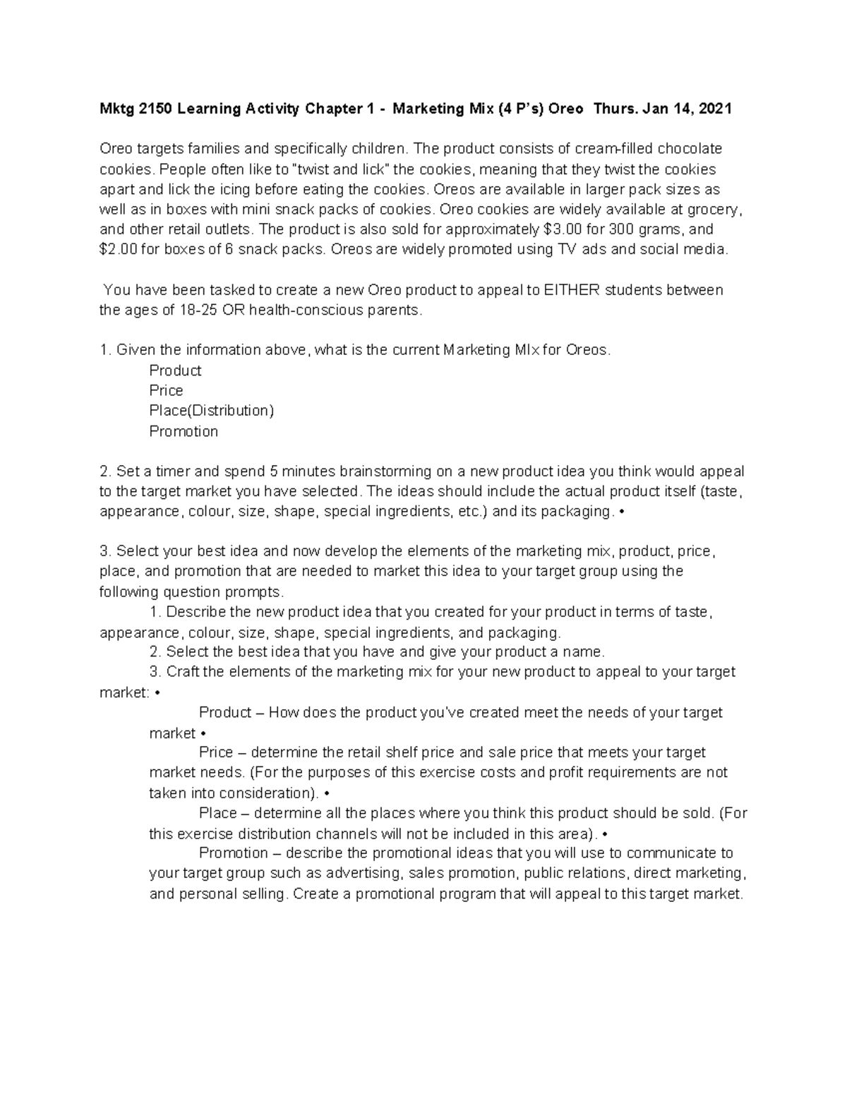 Chpt 1 Learning Activity - Marketing Mix (4 P's) - Mktg 2150 Learning ...