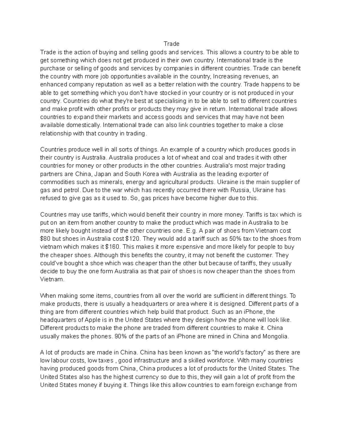 Yearly Exam Practice Essay - Trade Trade is the action of buying and ...