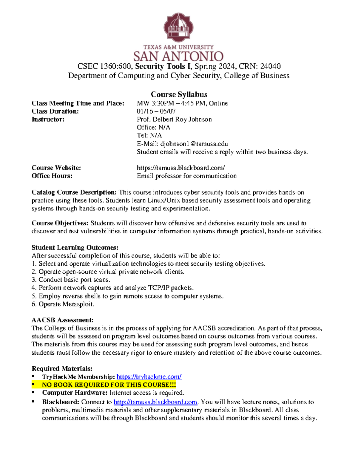 Syllabus CSEC 1360 Security Tools I Spring 2024 - CSEC 1360:600 ...