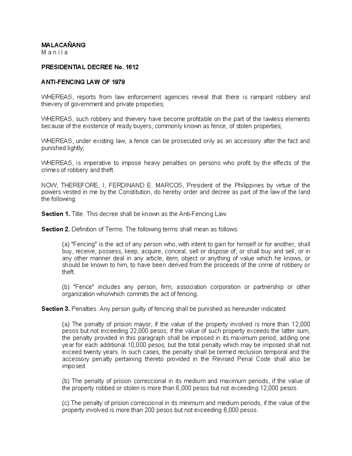 PD 1612 Anti-Fencing Law - MALACAÑANG M a n i l a PRESIDENTIAL DECREE ...