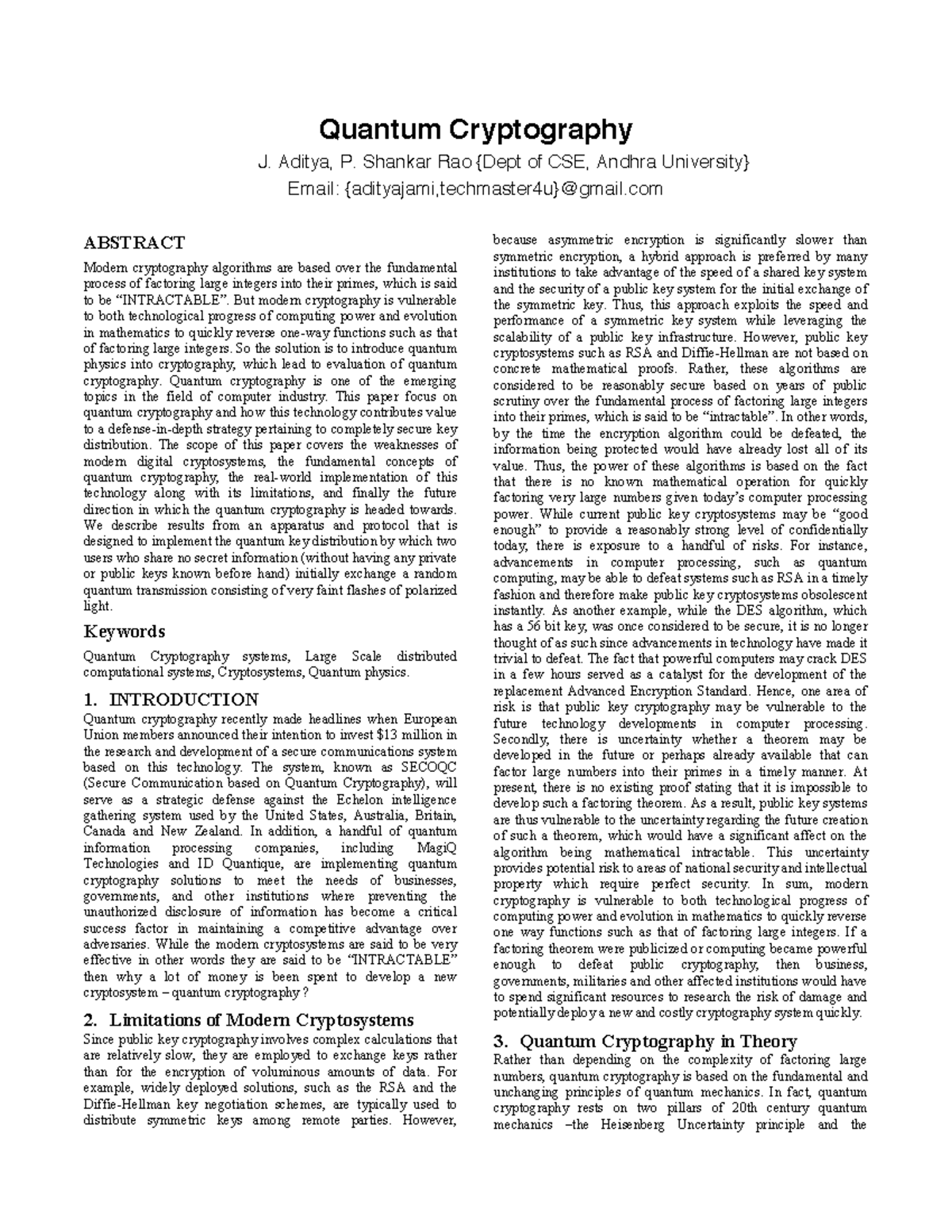 Quantum Cryptography - ‎‎‎‎‎ - Quantum Cryptography J. Aditya, P. Shankar Rao {Dept of CSE ...