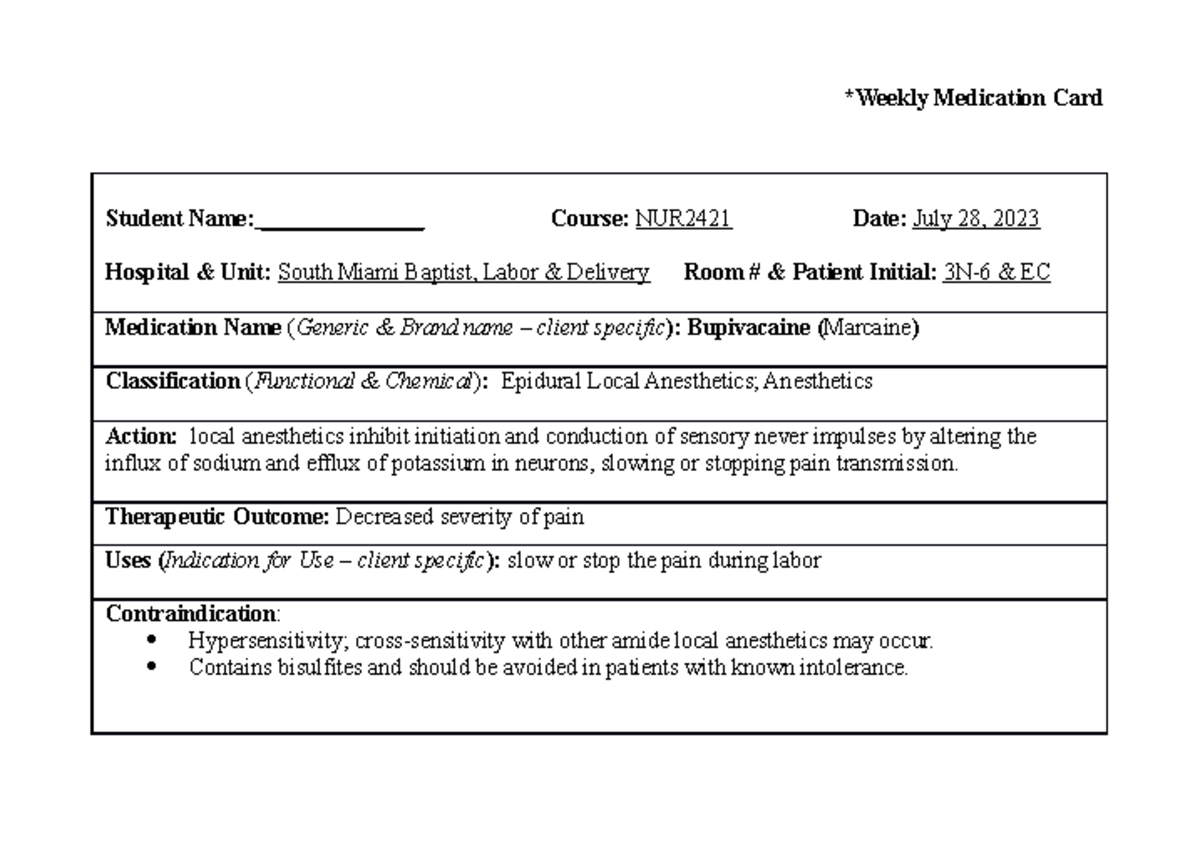 Weekly Medication Card epidural - *Weekly Medication Card Student Name ...