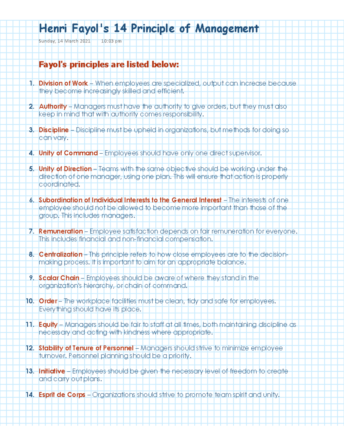 14 Principles of Management - )D\RO V SULQFLSOHV DUH OLVWHG EHORZ ...