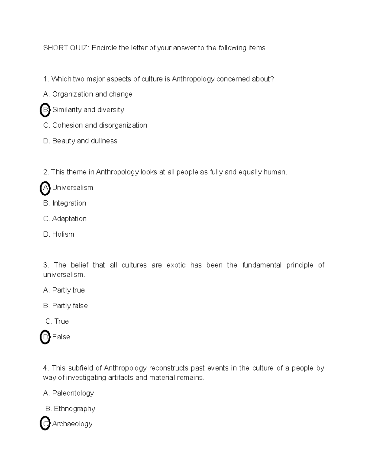 Short QUIZ - SHORT QUIZ: Encircle the letter of your answer to the ...