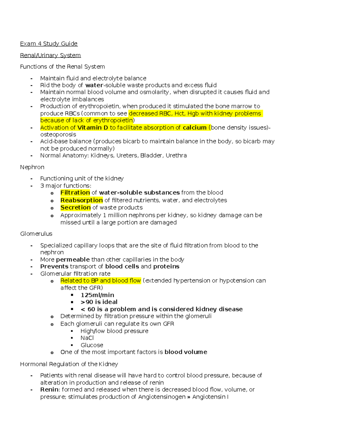 Exam 4 Study Guide - Exam 4 Study Guide Renal/Urinary System Functions ...