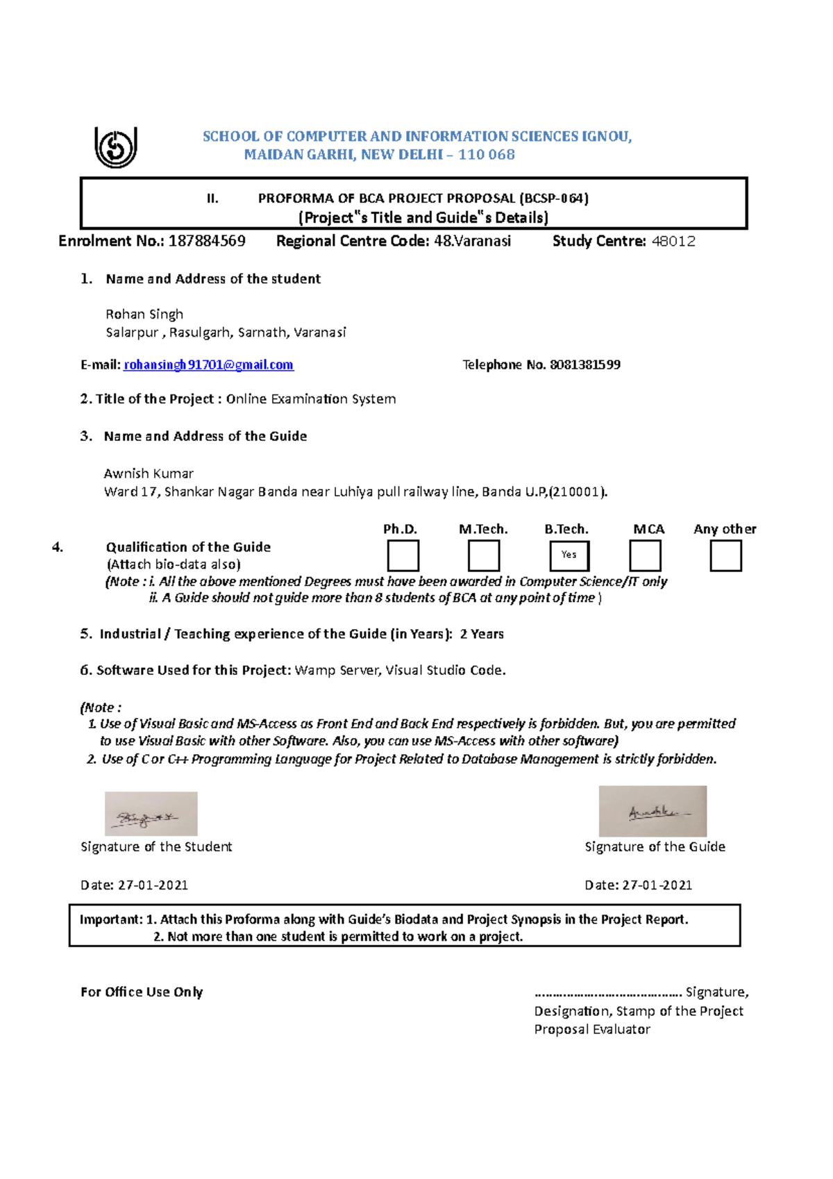 Synopsis final year - II. PROFORMA OF BCA PROJECT PROPOSAL (BCSP-064 ...