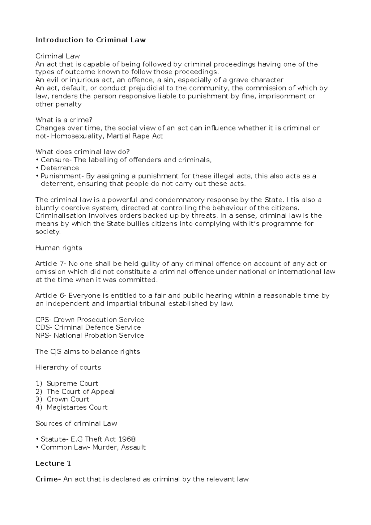 Criminal Law Notes - Introduction to Criminal Law Criminal Law An act ...