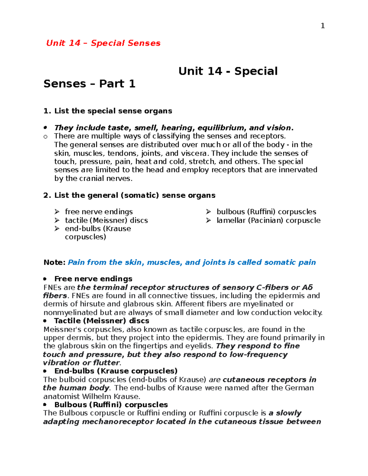 Unit 14 - Special Senses - Part 1 - Unit 14 – Special Senses Unit 14 ...