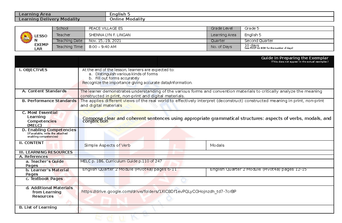 QTR2 WEEK1 LE English 5 - Learning Area English 5 Learning Delivery ...