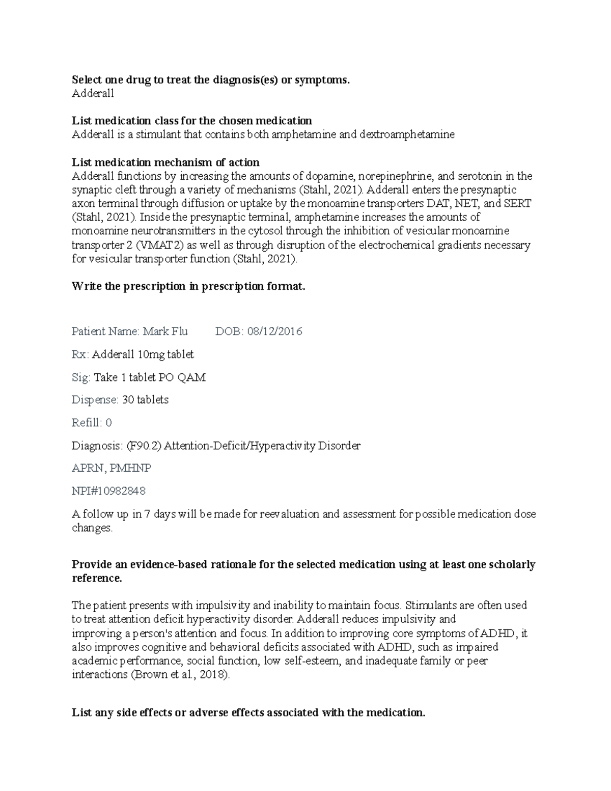 Wk 7 Case Study - Psych notes - Select one drug to treat the diagnosis ...