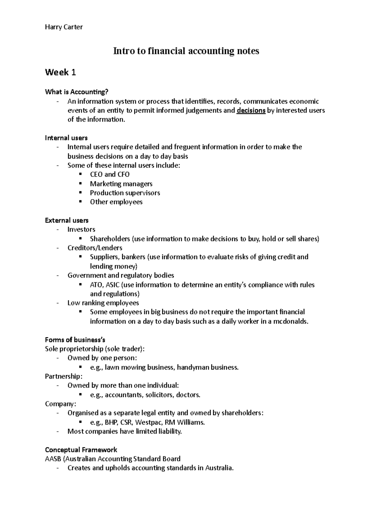 Intro to financial accounting notes - Internal users - Internal users ...