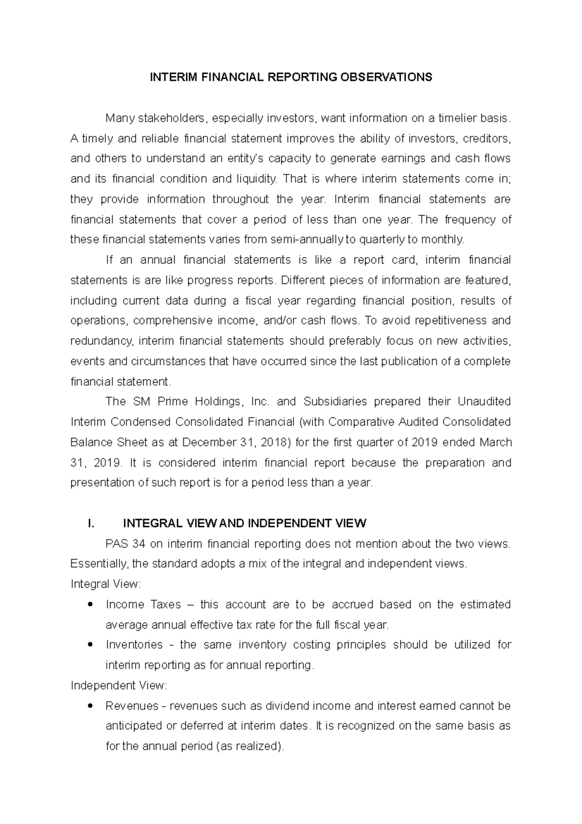 Interim Financial Reporting - INTERIM FINANCIAL REPORTING OBSERVATIONS ...