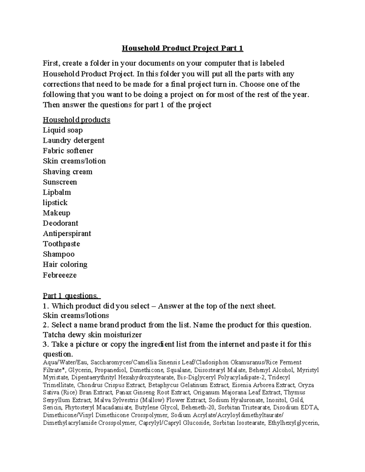 equations for des - Household Product Project Part 1 First, create a ...