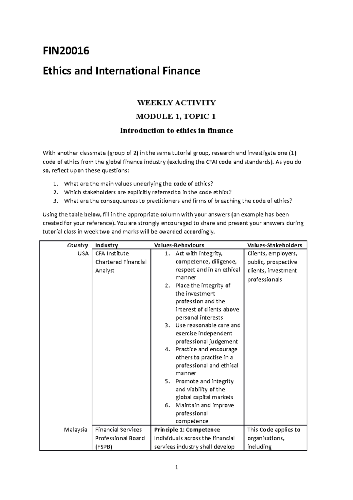 Tutorial One (student) - FIN Ethics and International Finance WEEKLY ACTIVITY MODULE 1, TOPIC 1 ...