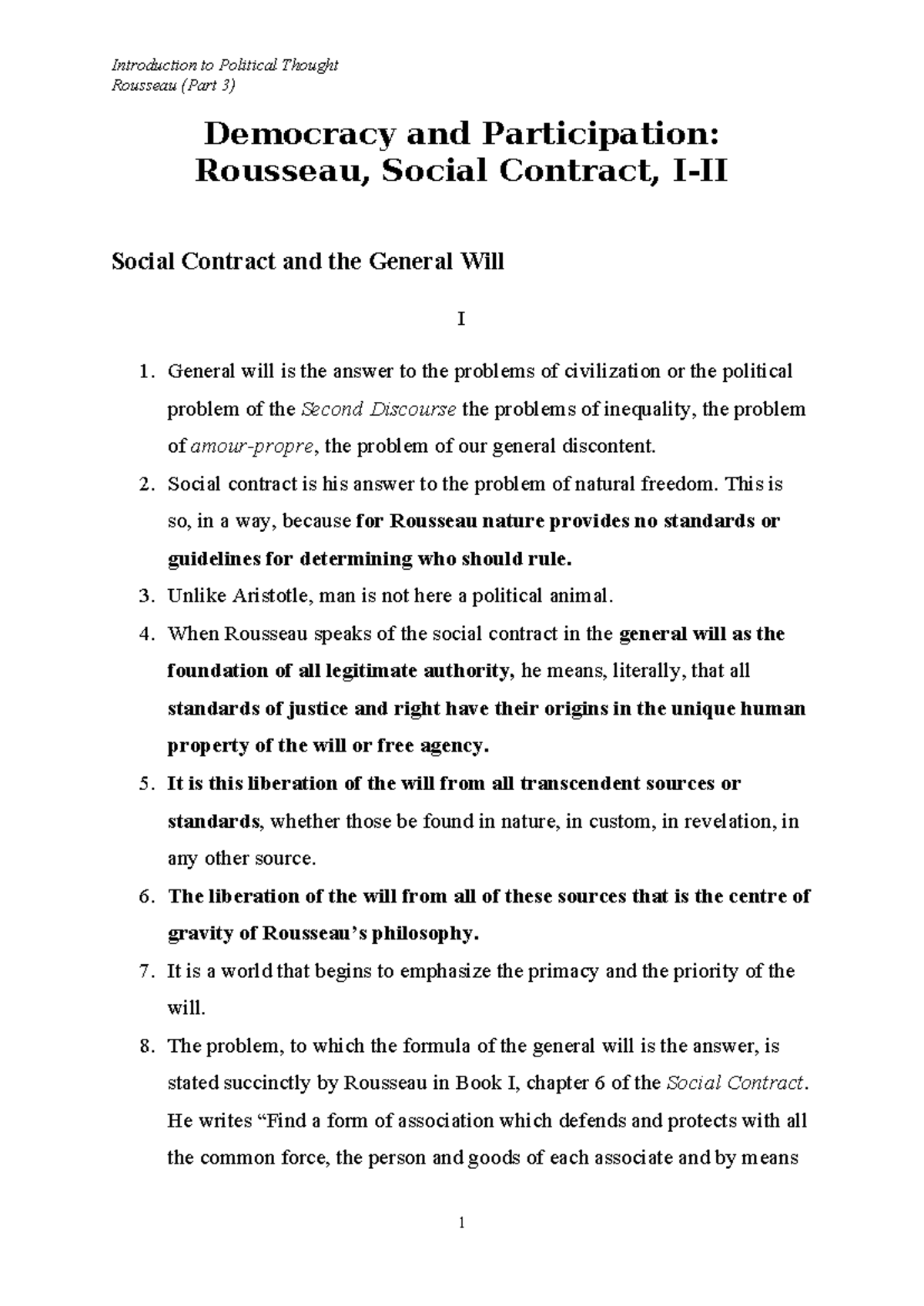 Rousseau final-1 - Rousseau (Part 3) Democracy and Participation: Rousseau, Social Contract, I ...