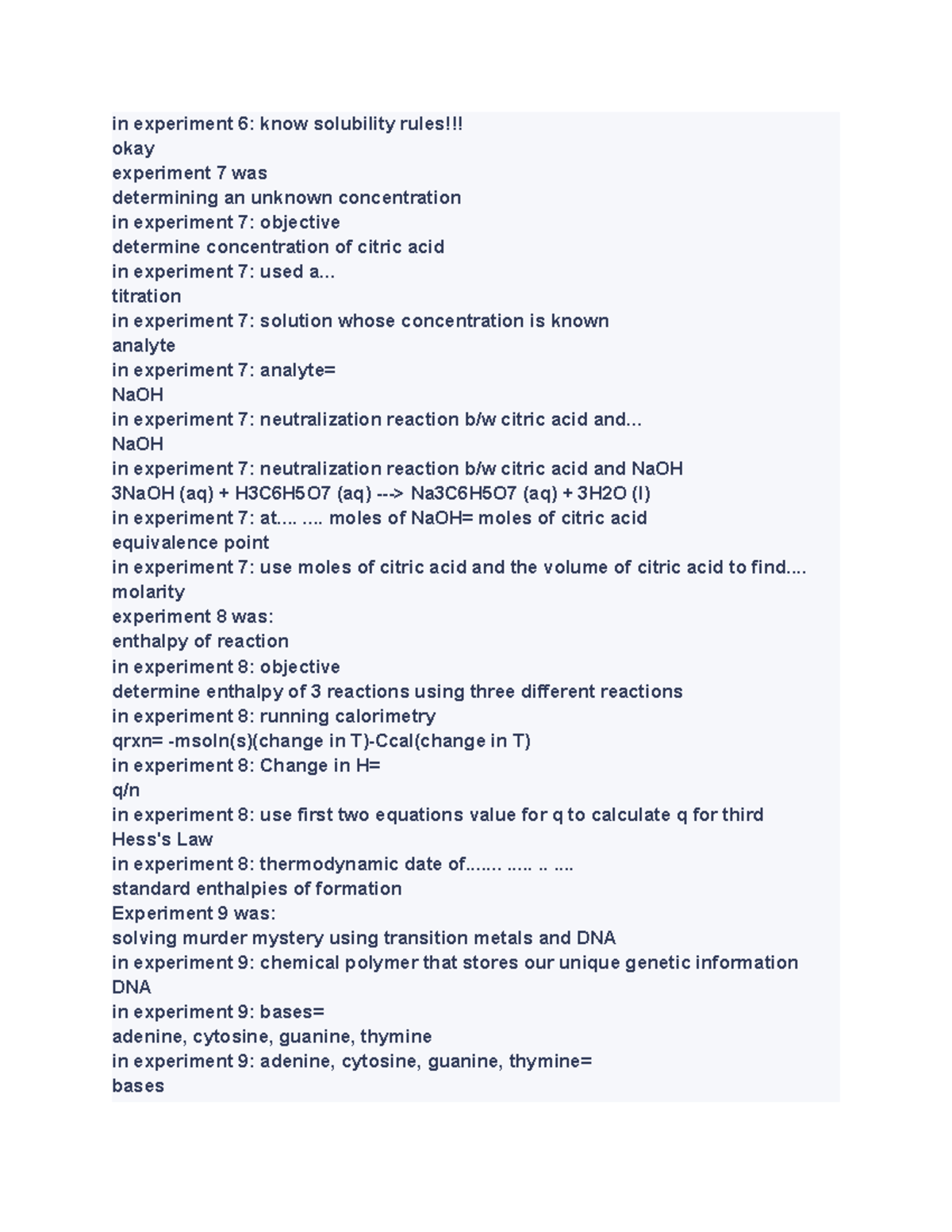 CHE111 #7 - Review! - in experiment 6: know solubility rules!!! okay ...
