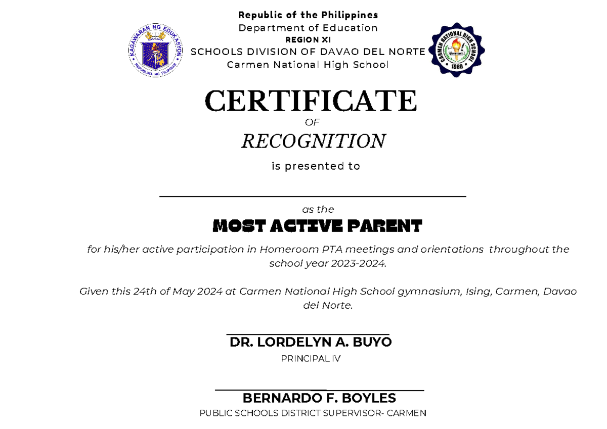 CERT Active Parent BARE - CERTIFICATE OF RECOGNITION is presented to for his/her active - Studocu