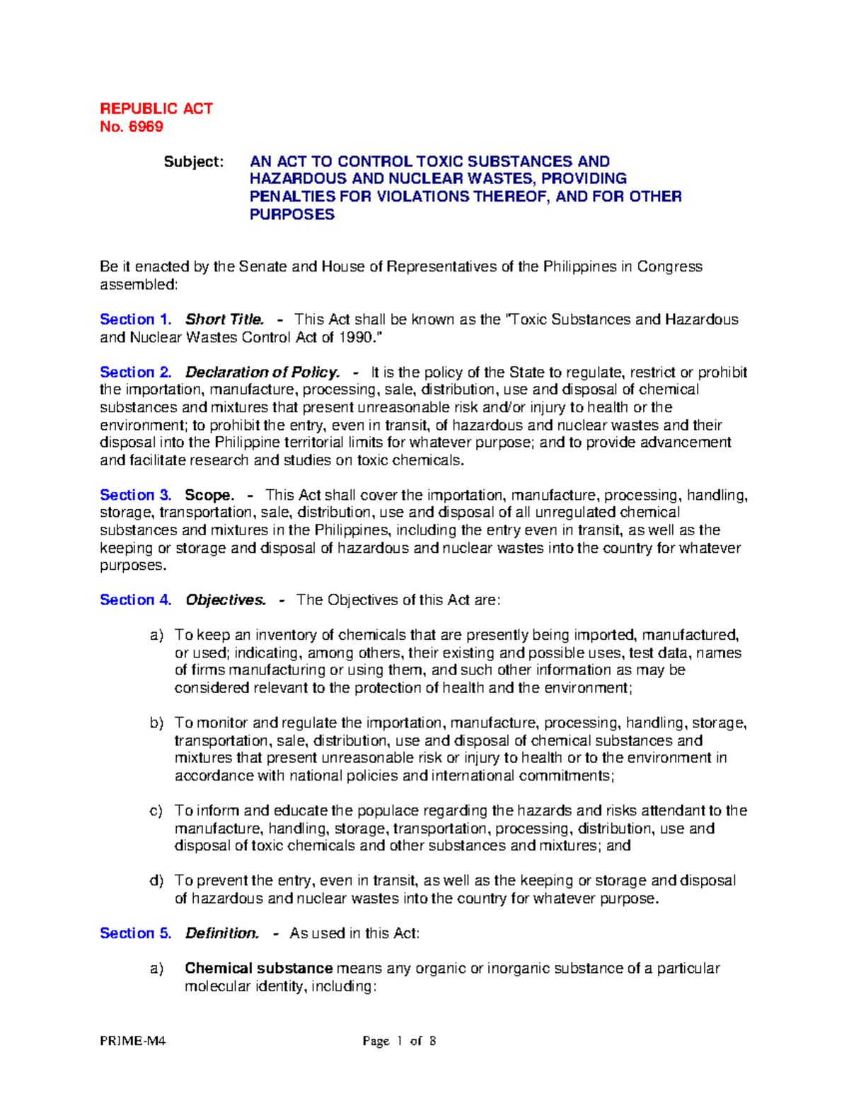 RA-6969 - N/A - REPUBLIC ACT No. 6969 Subject: AN ACT TO CONTROL TOXIC ...