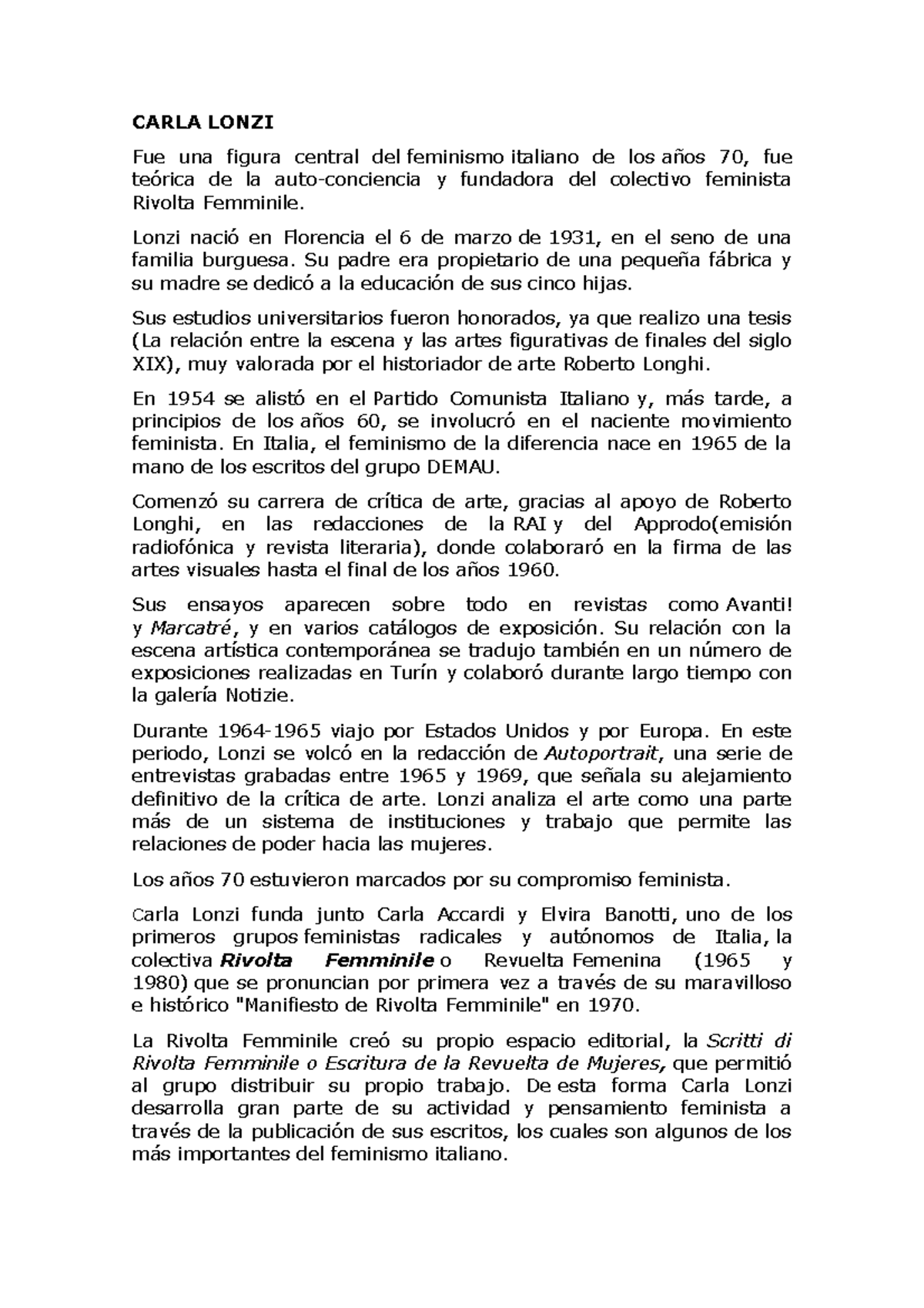 Carla Lonzi Italia - Feministas del pasado. - CARLA LONZI Fue una ...