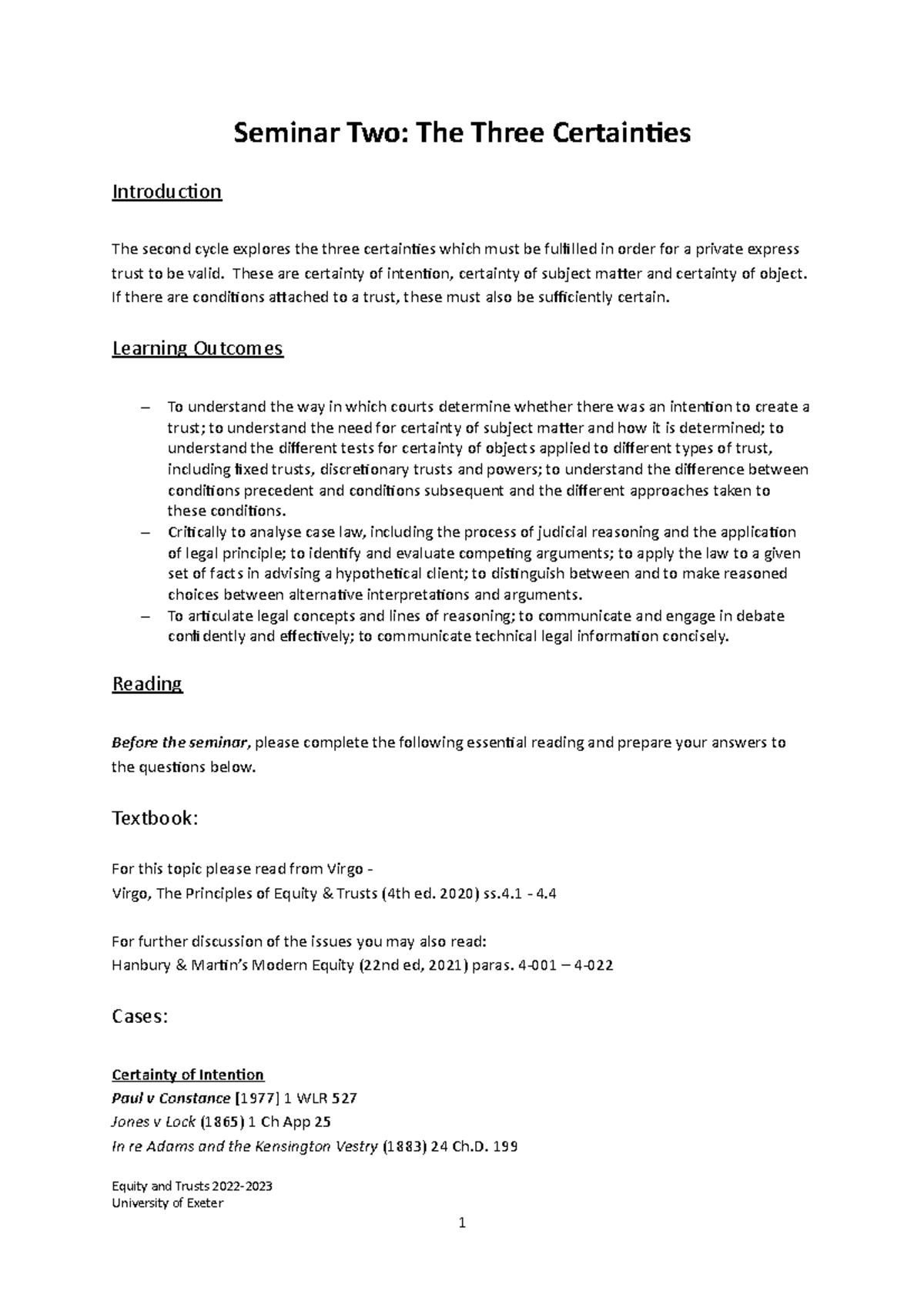 Seminar 2 - Certainties 2022-23 - Seminar Two: The Three Certainties Introduction The second ...