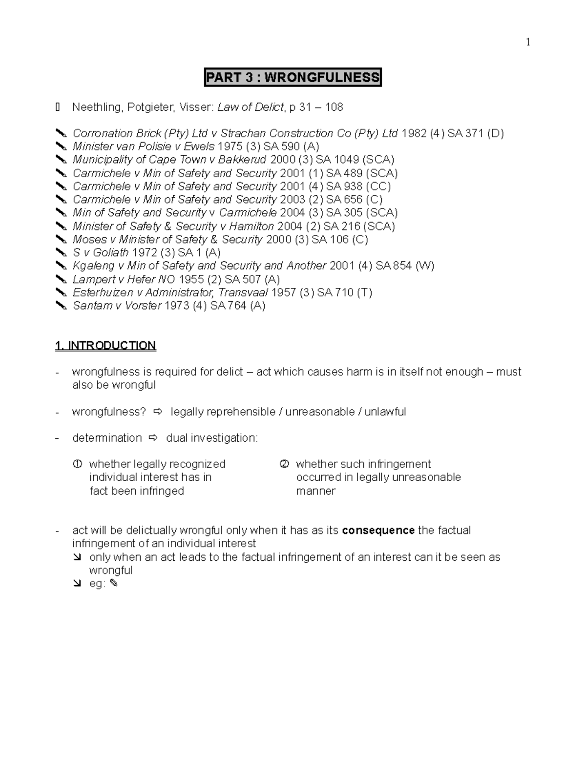 PVL3703-delict notes 3 2007 - PART 3 : WRONGFULNESS Neethling ...